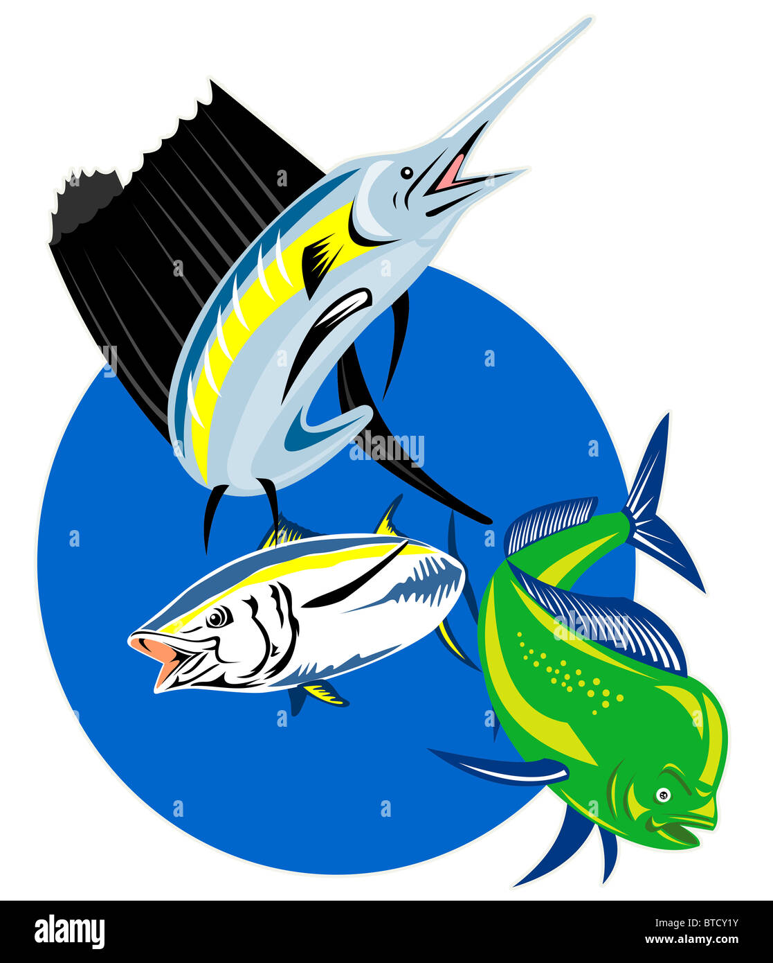 retro style illustration of a Sailfish, dorado dolphin fish or mahi ...