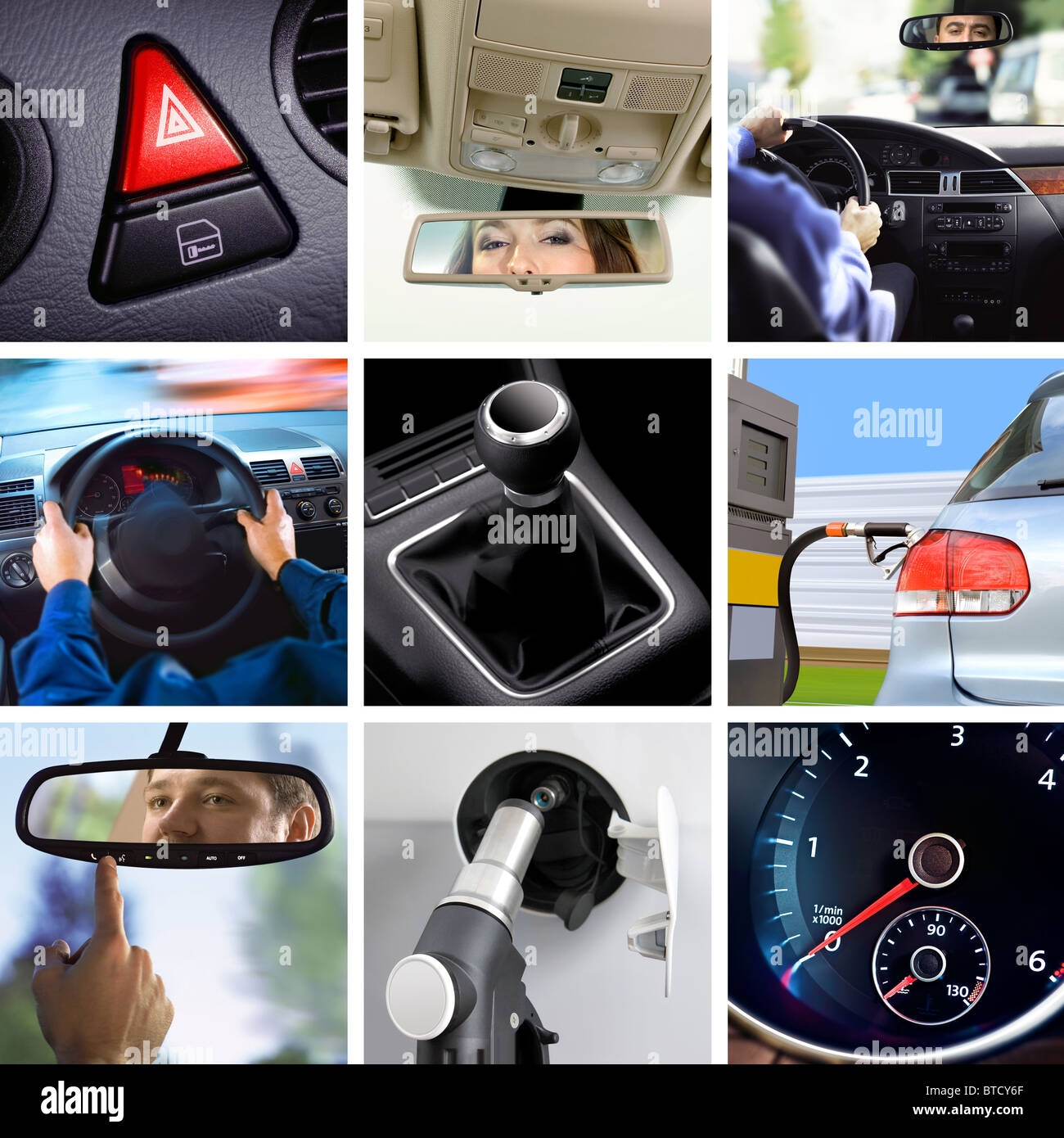 collage of car interior details and transport attributes Stock Photo ...