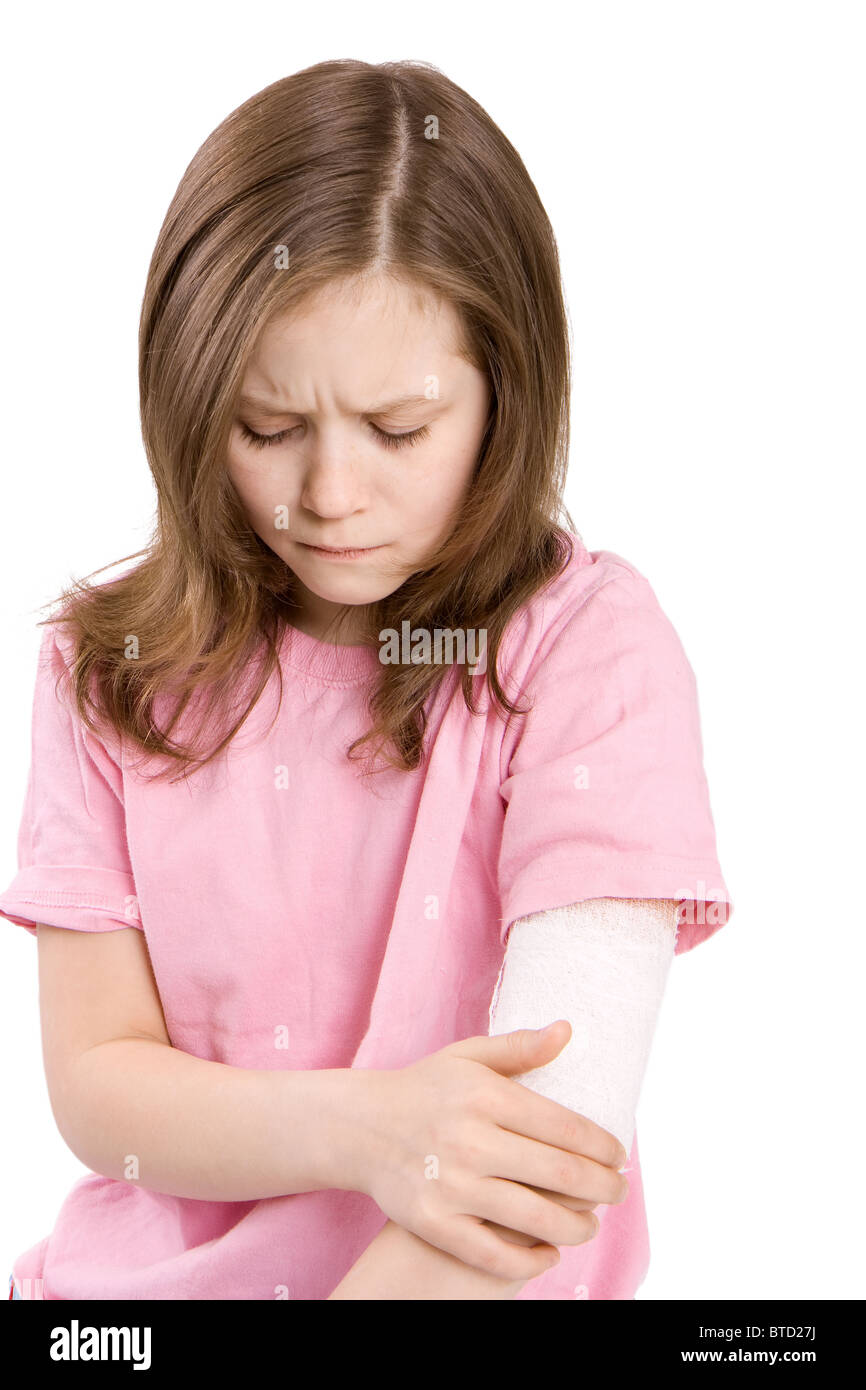 On a white background the girl with a hand trauma Stock Photo - Alamy