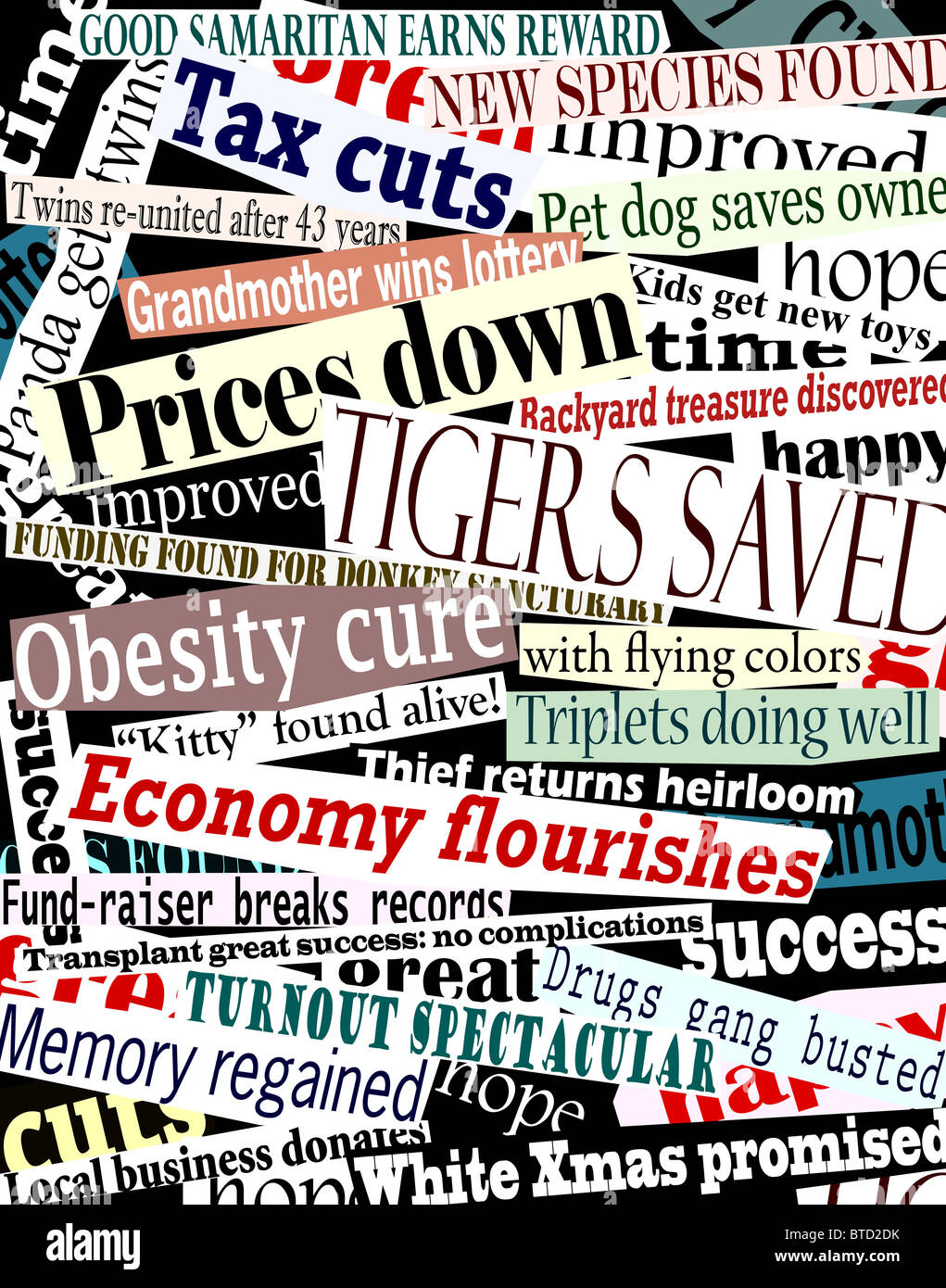 Illustrated collage of good news headlines Stock Photo - Alamy
