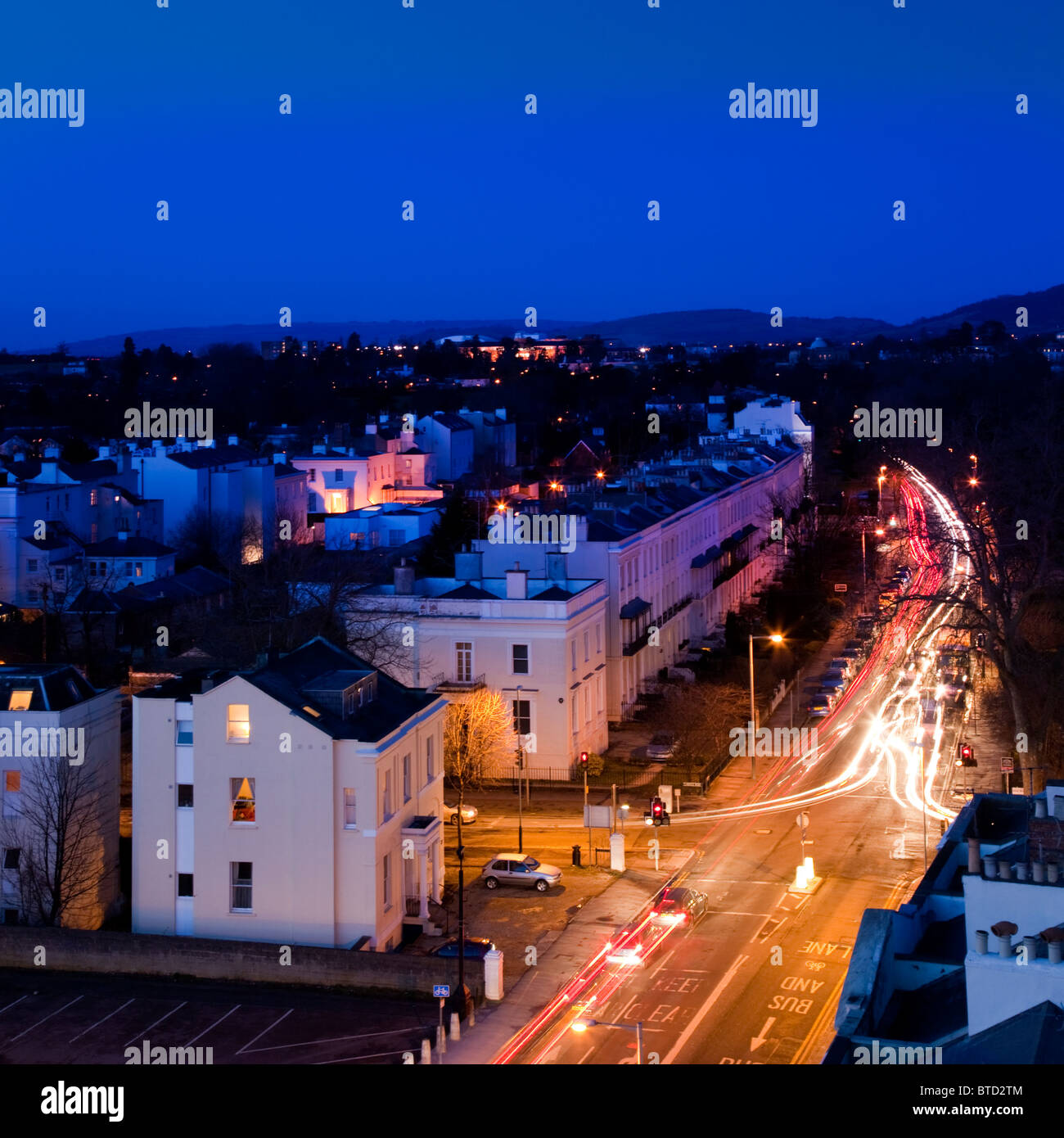 Aerial photograph of regency buildings in Cheltenham at dusk Stock ...