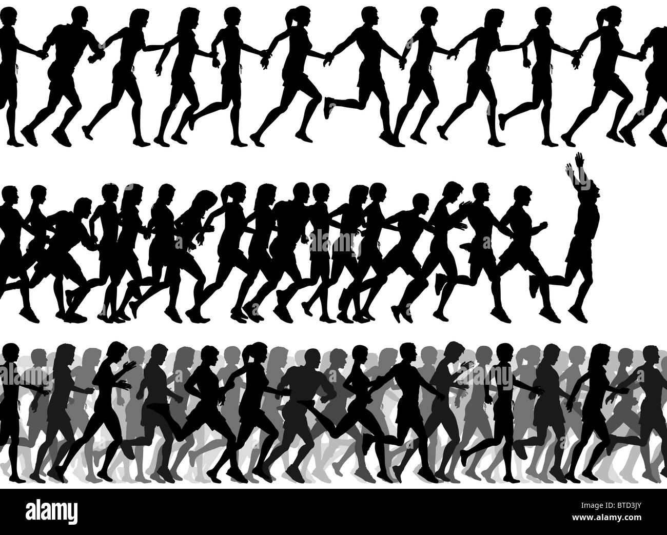Three illustrated foregrounds of people silhouettes running Stock Photo ...