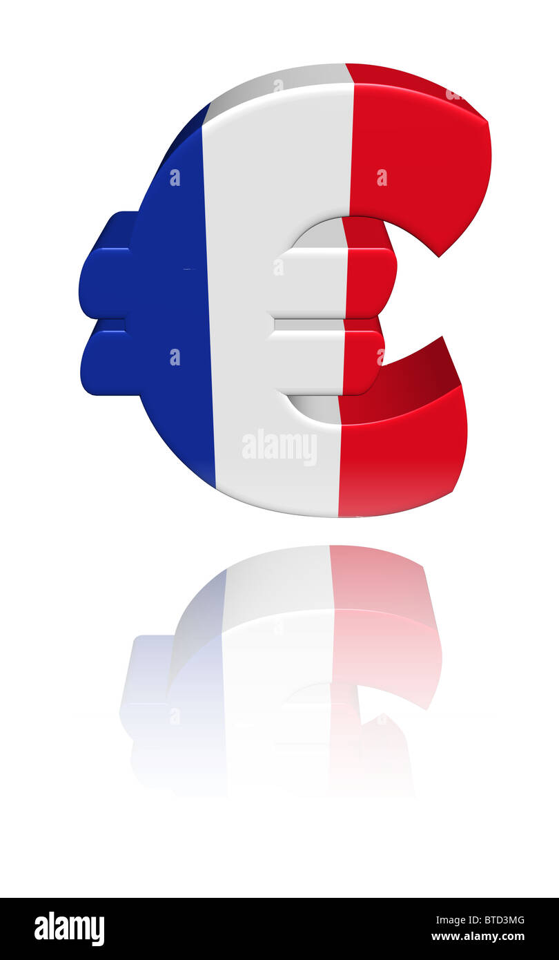 French euro symbol with flag reflected on white illustration Stock ...
