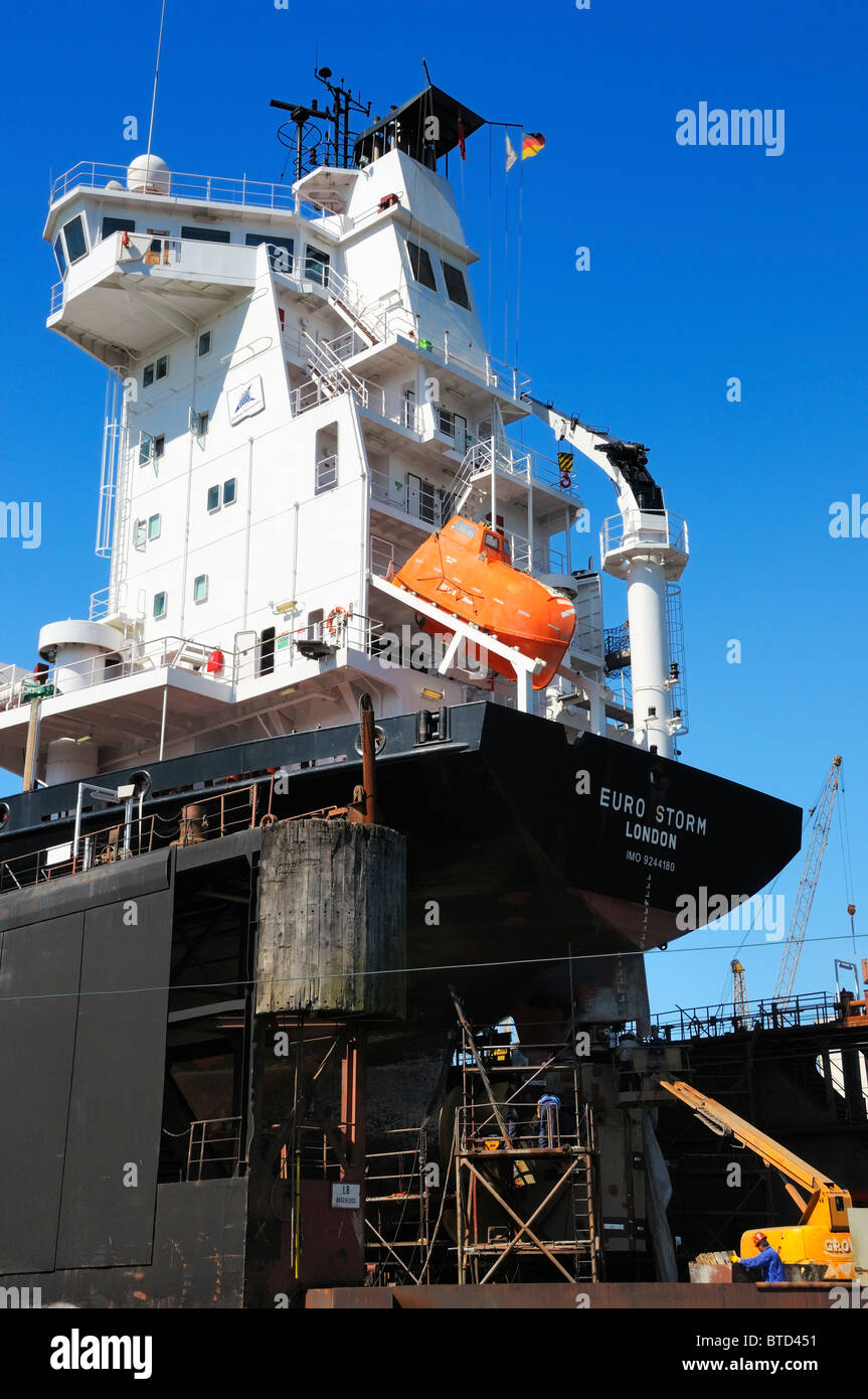 The EURO STORM container ship in a dry dock at the Port of Hamburg ...