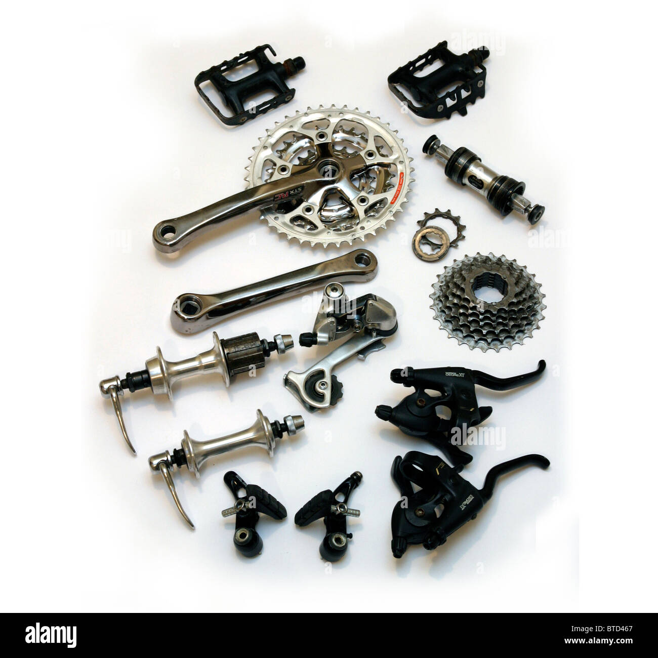 cutout of set of standard quality bicycle components gears brakes ...