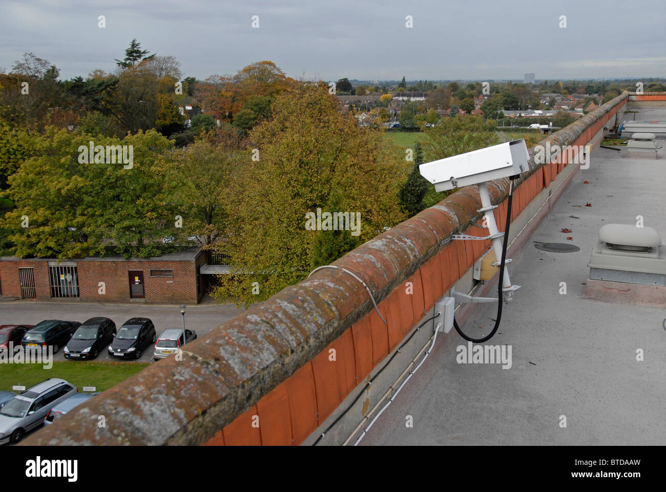 Surveillance Camera on Roof of Building Overlooking Car Park Stock ...