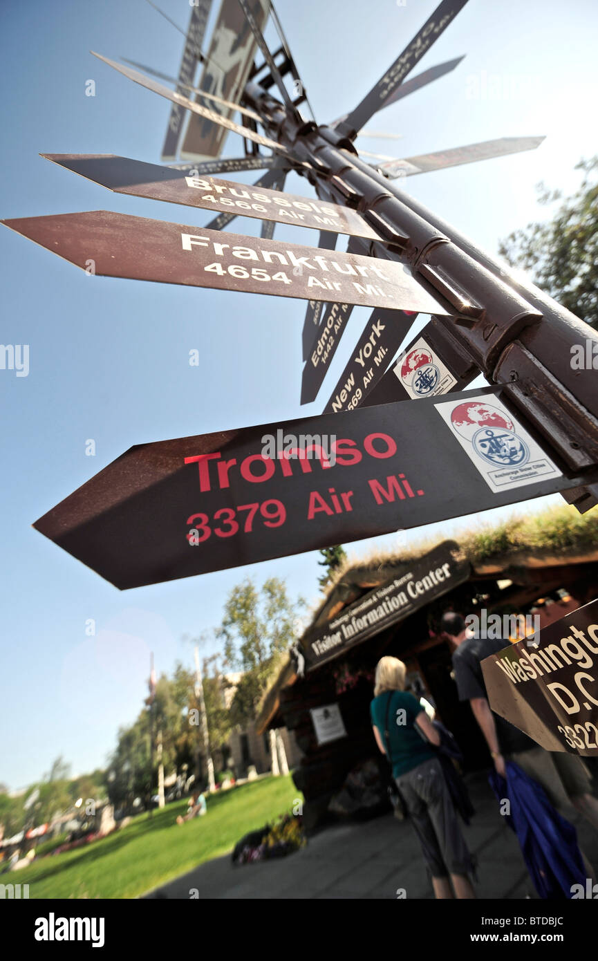 Mileage signpost outside of the Log Cabin and Downtown Visitor ...