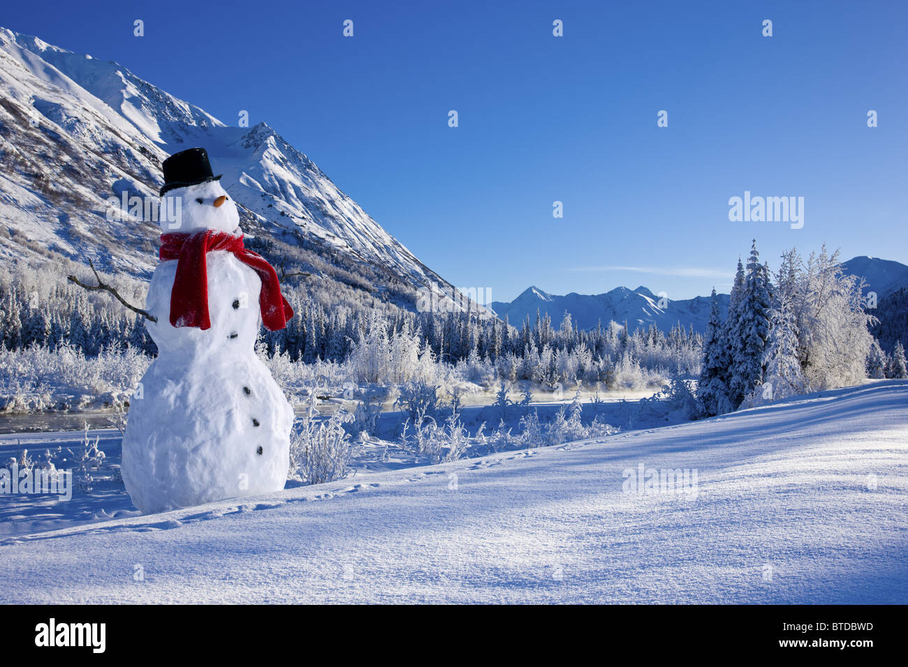 Snowman with a top hat and scarf in the Chugach Mountains ...