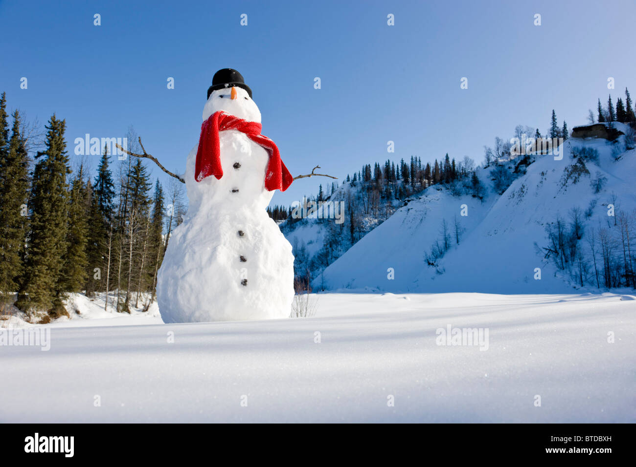 Snowman with a red scarf and black top hat sitting next to a snow ...
