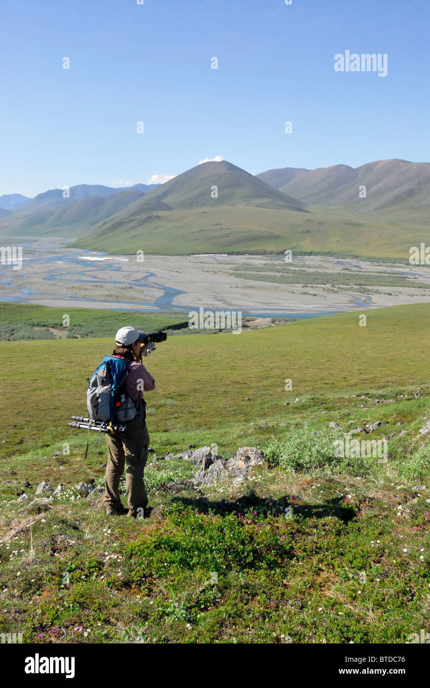 Woman photographing the tundra and scenery along the Kongakut River ...