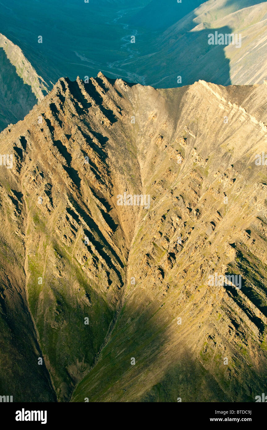 Aerial view of striated peaks in the Brooks Range near Oolah Pass ...
