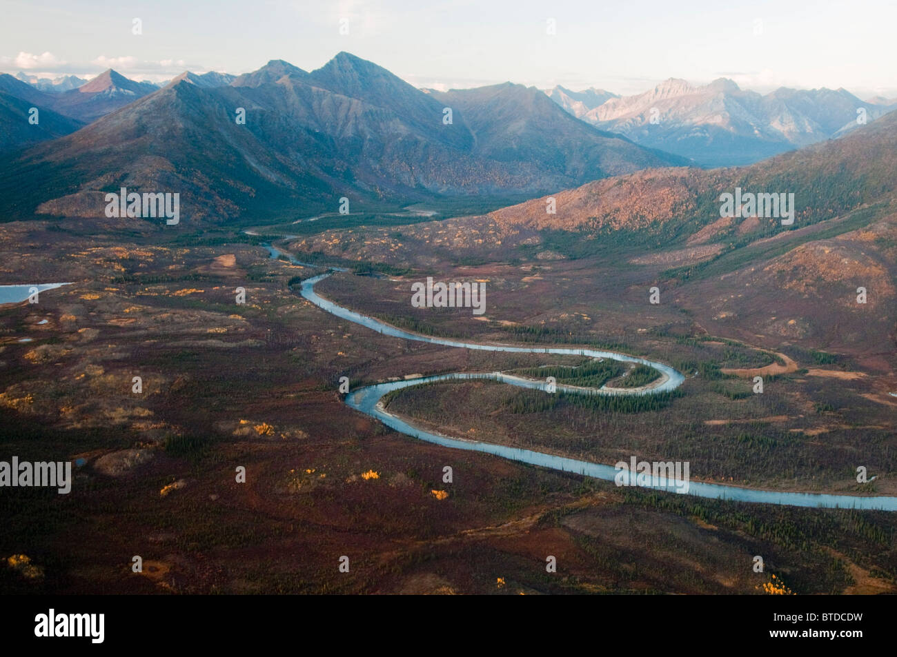 Aerial view of the Kobuk River winding through Endicott Mountains in ...
