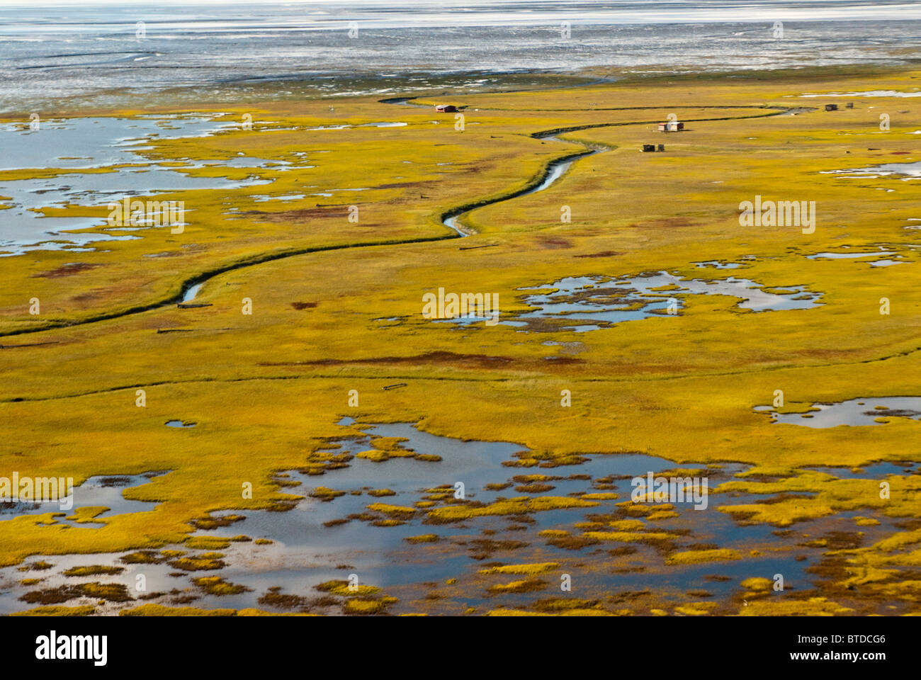 Aerial view of small cabins and other seasonal structures along the ...