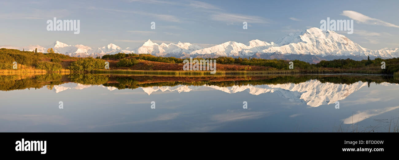 Panoramic view of Mt. McKinley reflecting in the clear waters of ...