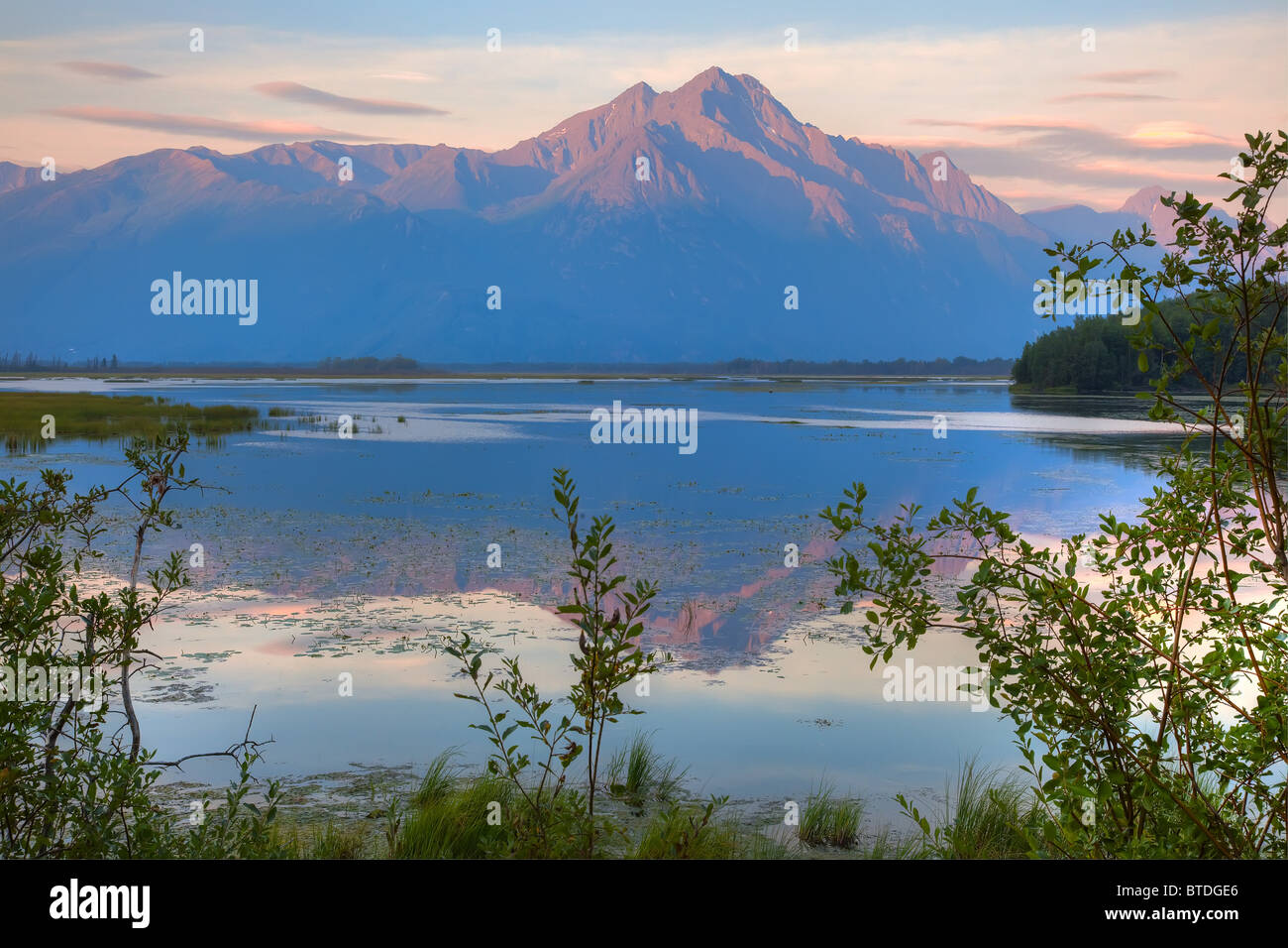 Sunrise on Pioneer Peak with Jim Lake in the foreground, Southcentral ...