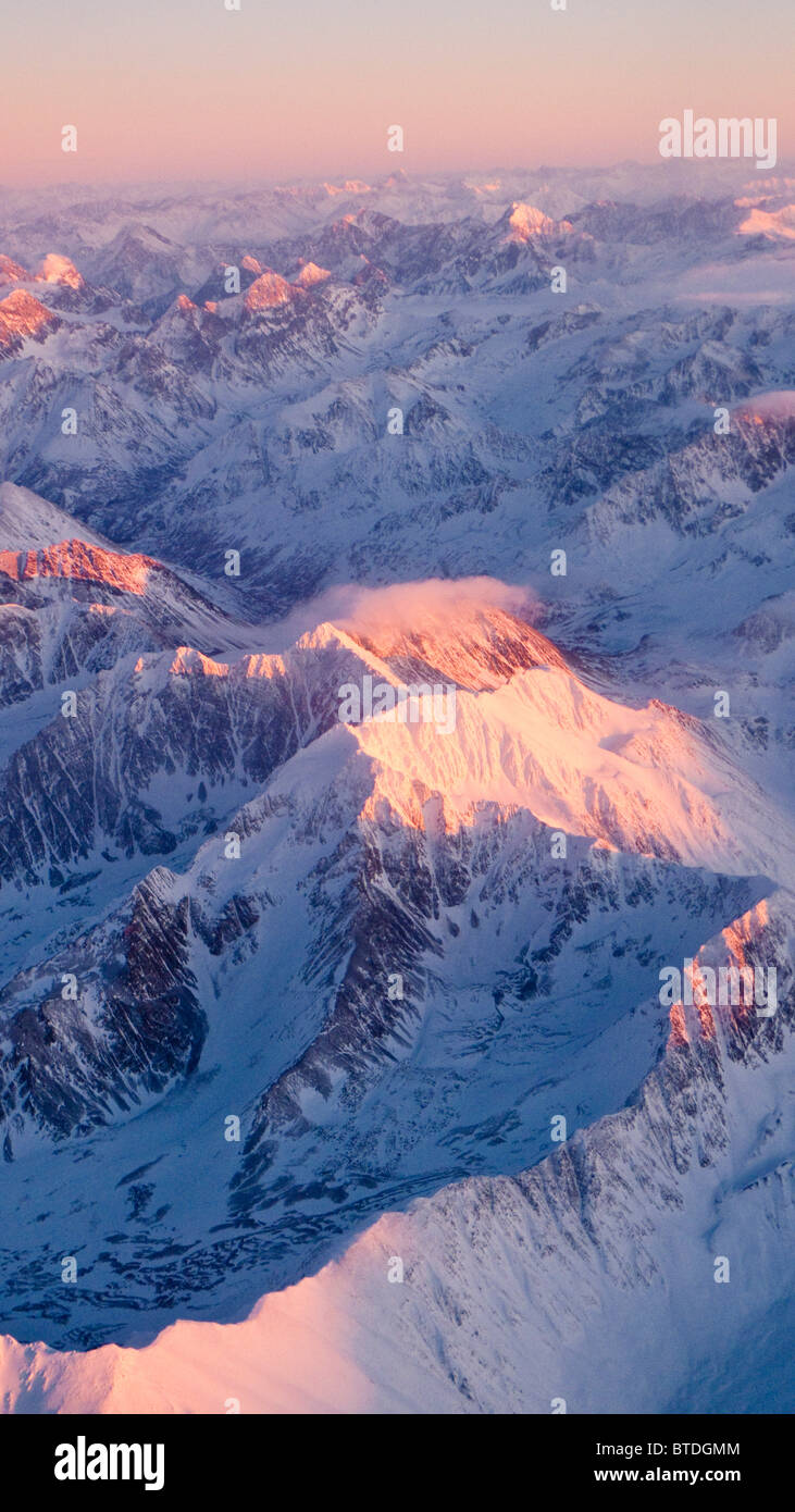 Aerial view of the Chugach Mountain range with sunrise alpenglow ...