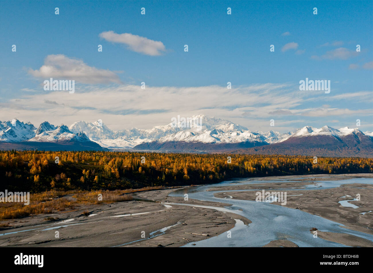 Southside view of Mt. McKinley and Mt. Hunter (L) with the Chulitna ...