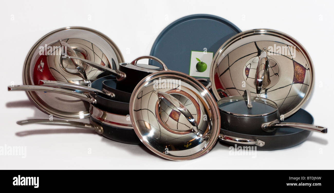 Shiny metal cookware set Stock Photo - Alamy
