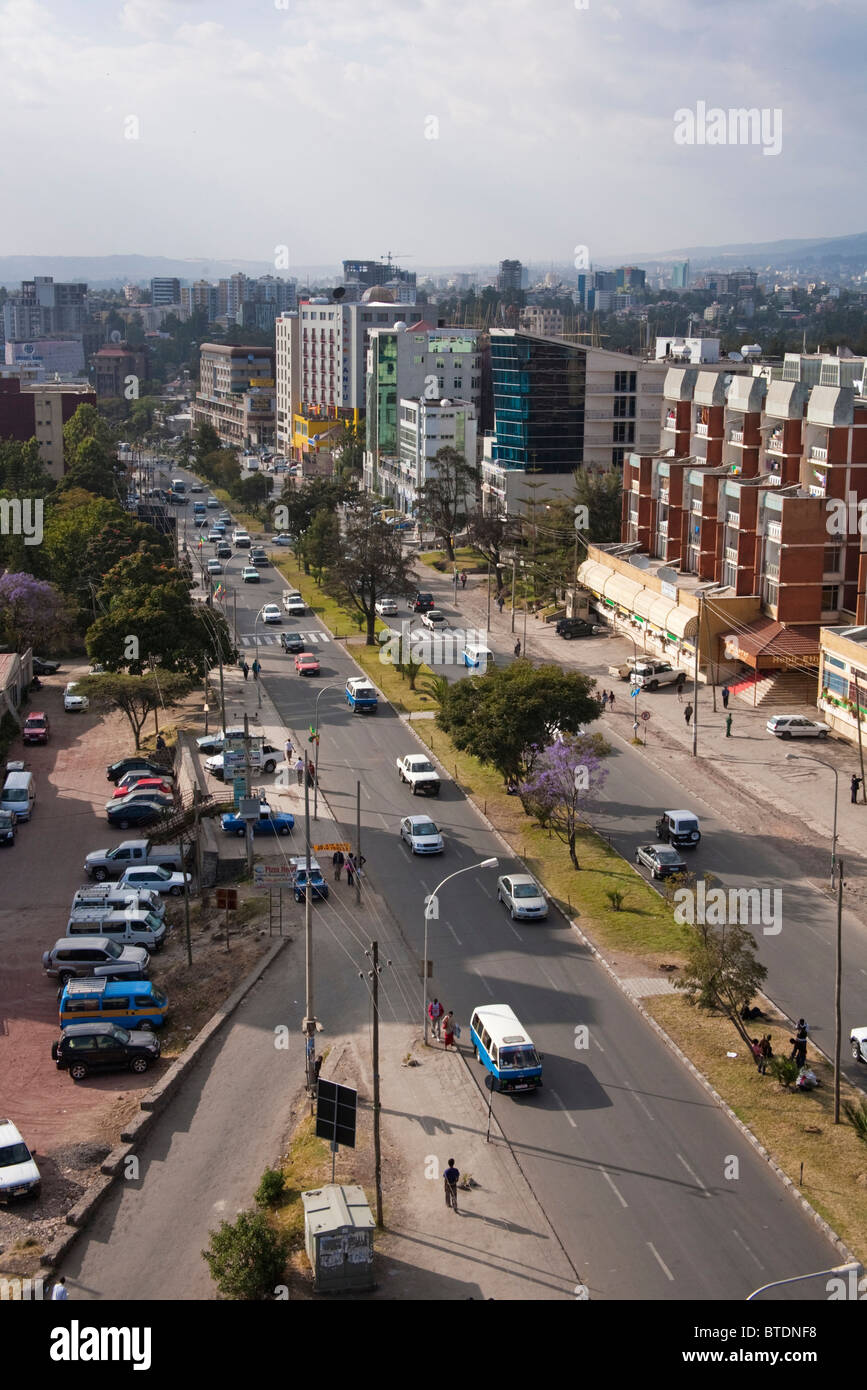 Aerial street scene in Addis Ababa showing traffic and modern buildings ...