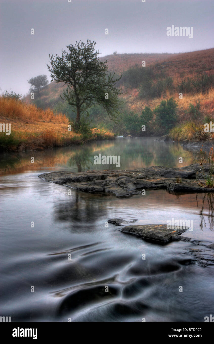 A highveld stream flowing rapidly over rocks with autumn coloured ...