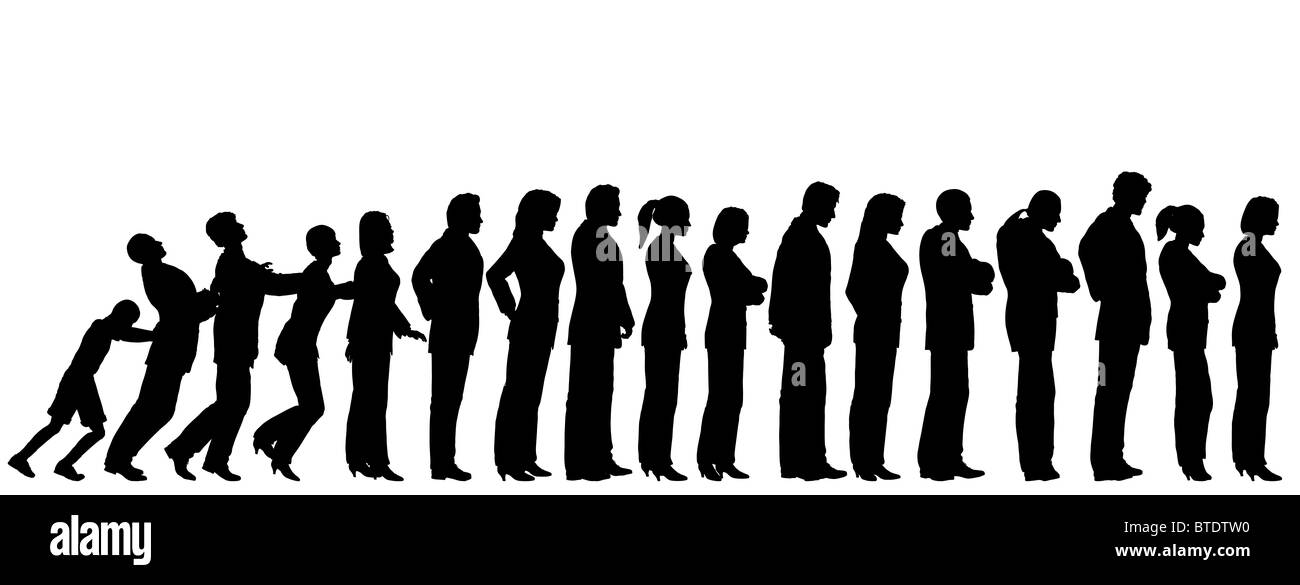 Queue of people silhouettes with boy pushing them like dominoes Stock ...