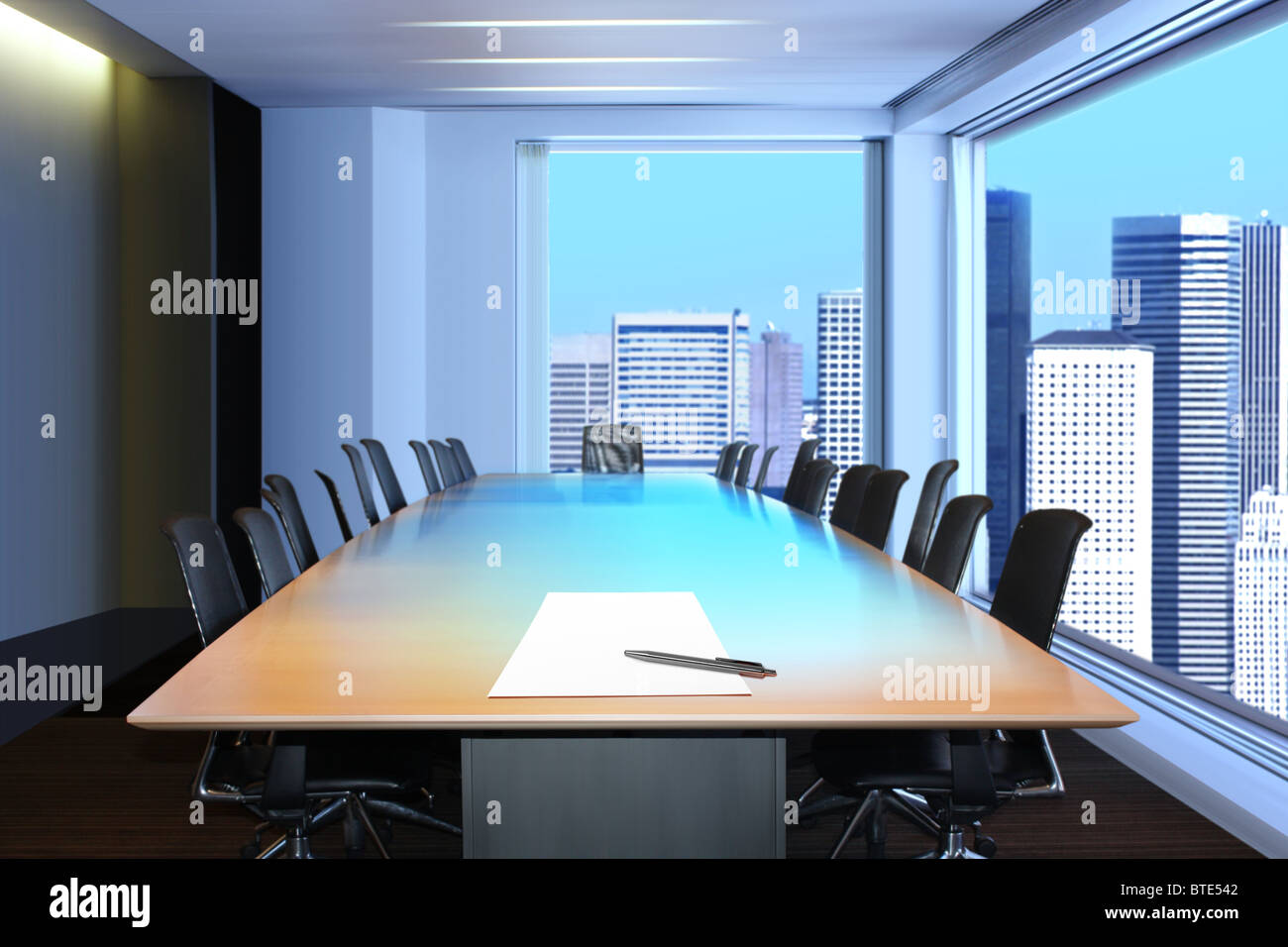 meeting room, in front focus placed sheet of paper and pen on table ...