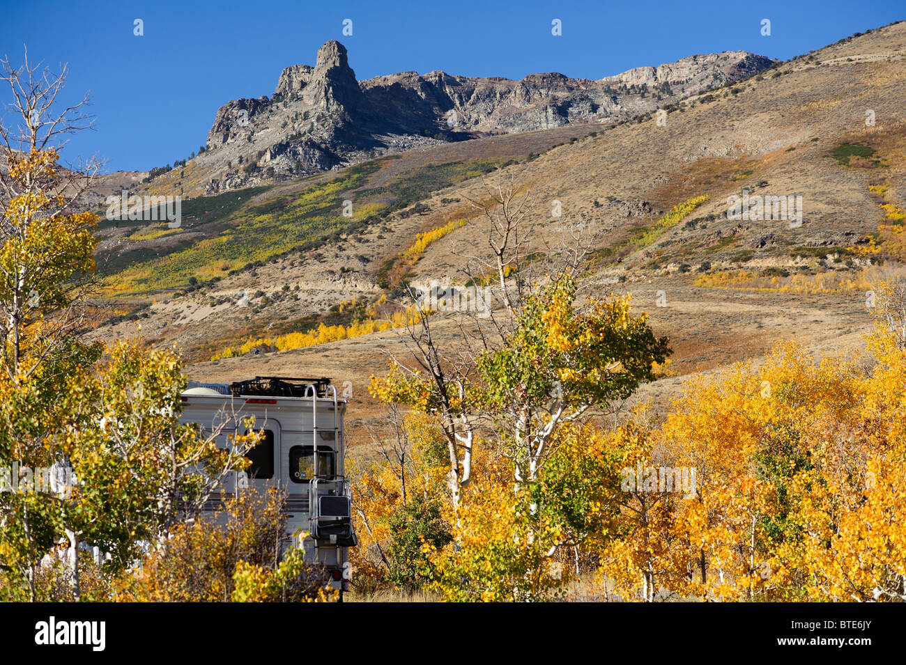 Lance Camper in Angel Creek Campground with aspen trees turning gold ...
