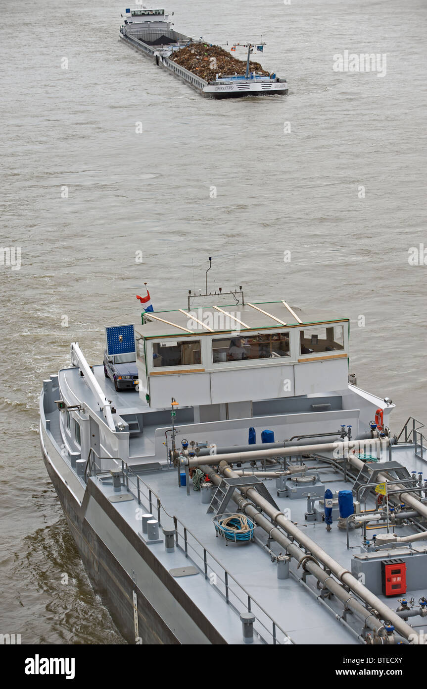 Commercial barges on the river Rhine, Leverkusen, Germany Stock Photo ...