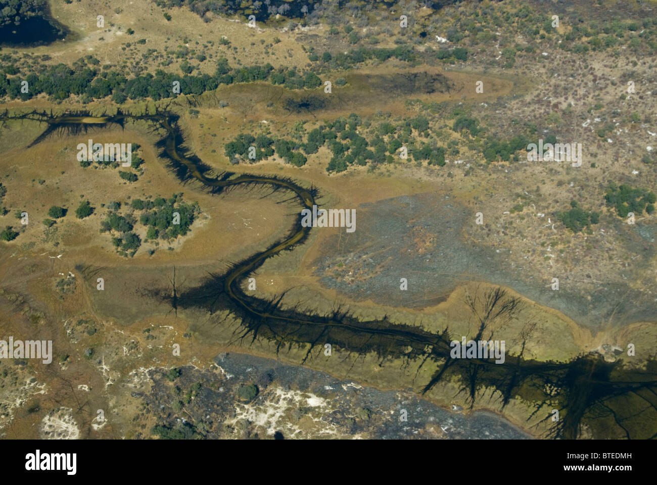 Aerial scenic view of a seasonally inundated area in the Okavango delta ...