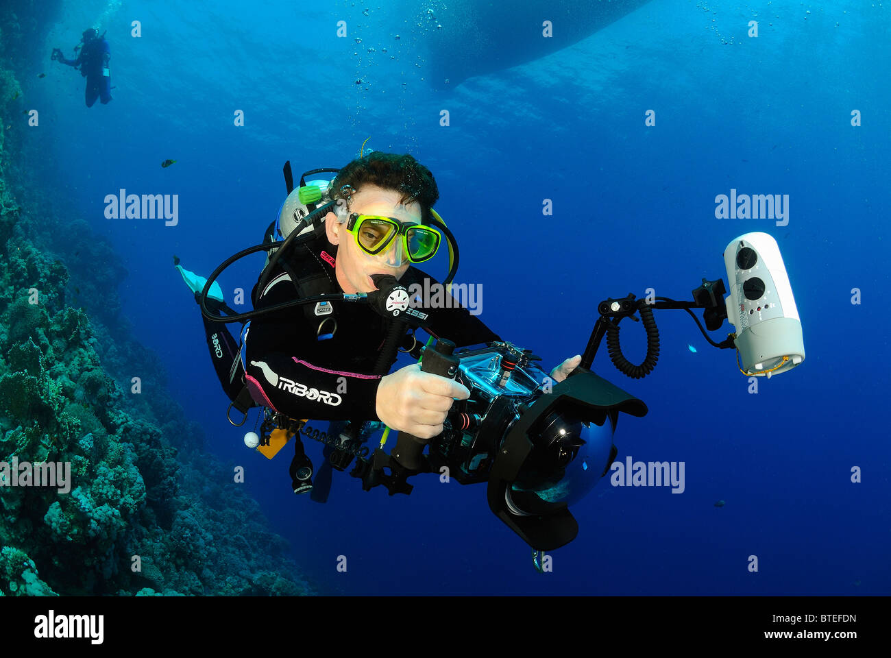 Woman scuba diver holding reflex camera inside housing using hi-res ...