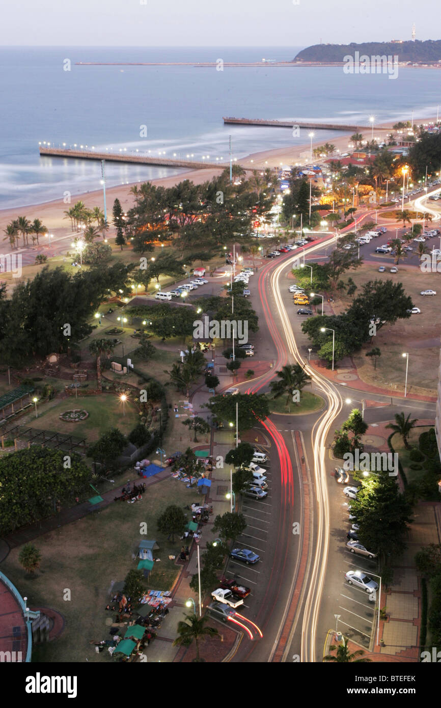 Aerial view over Durban beachfront boulevard at dusk Stock Photo - Alamy