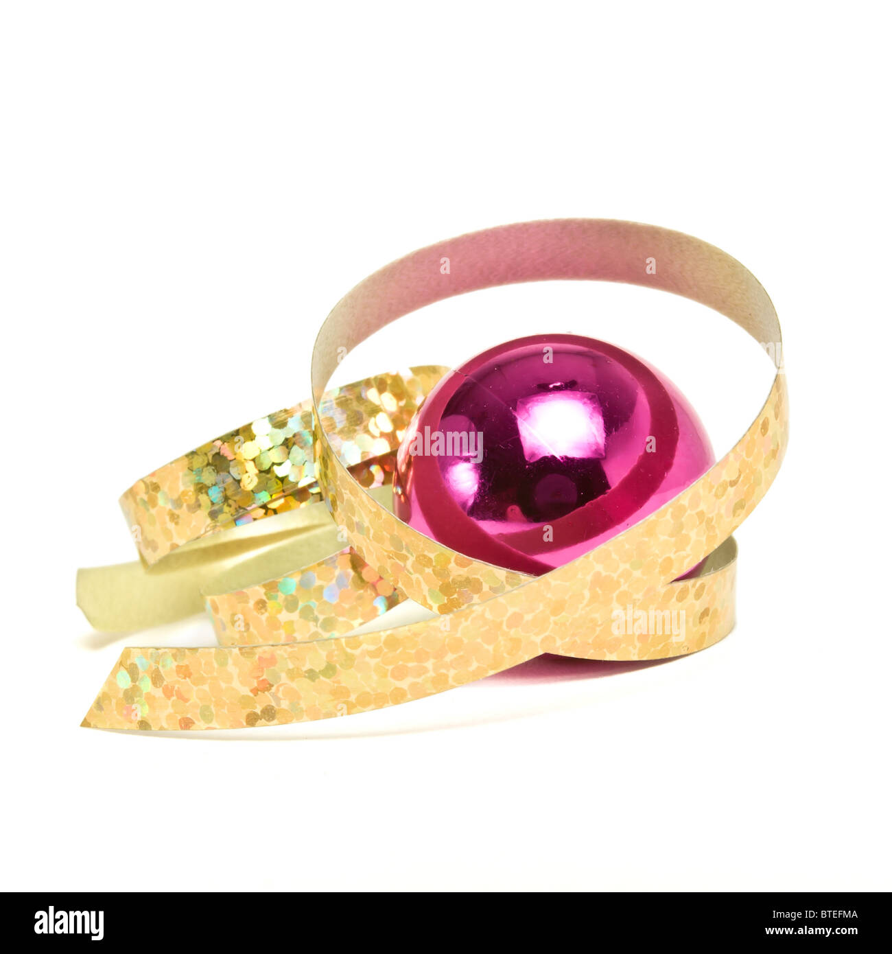Pink christmas bauble with golden ribbon abstract on white Stock Photo ...