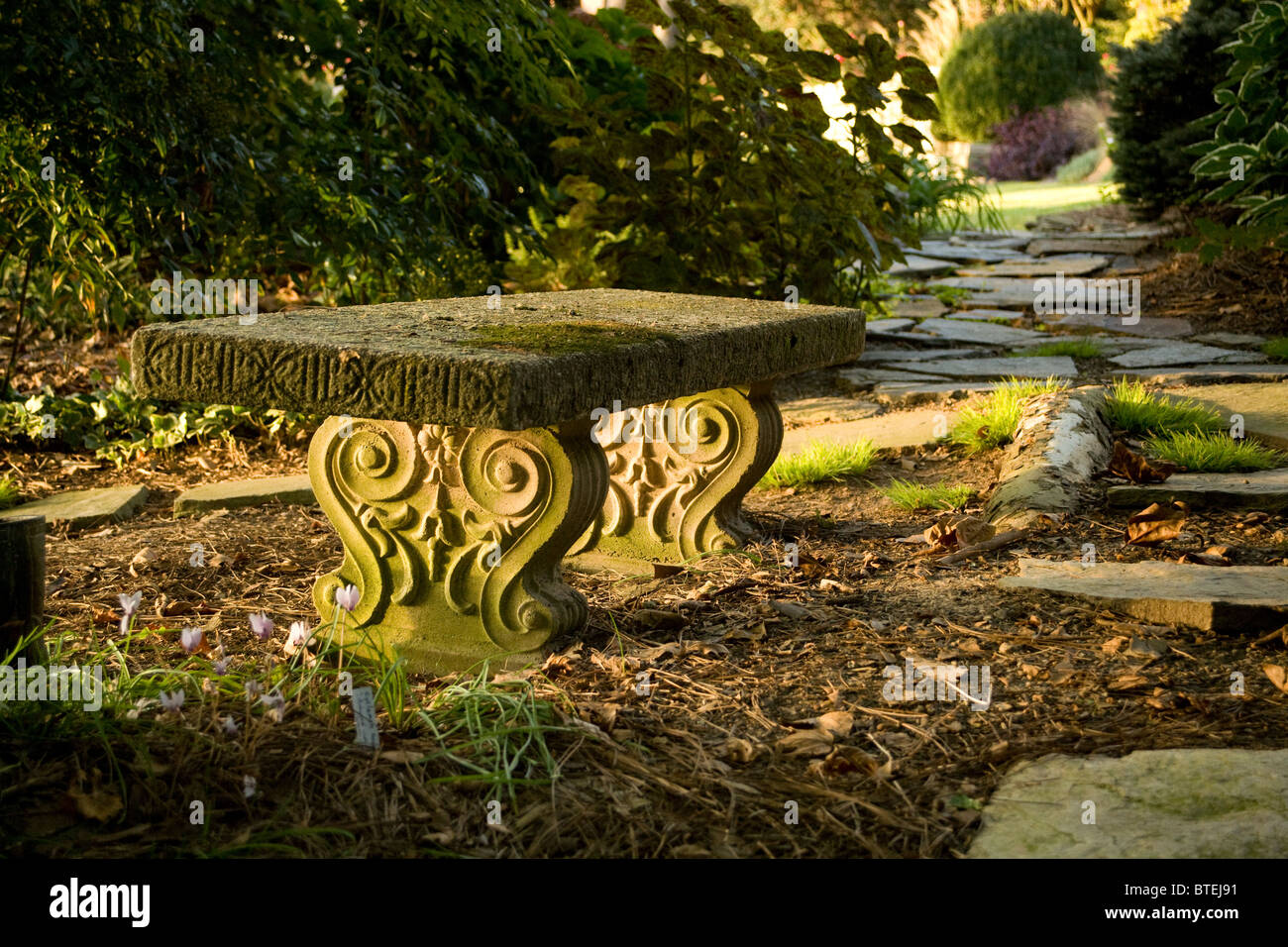Stone bench in the garden Stock Photo - Alamy