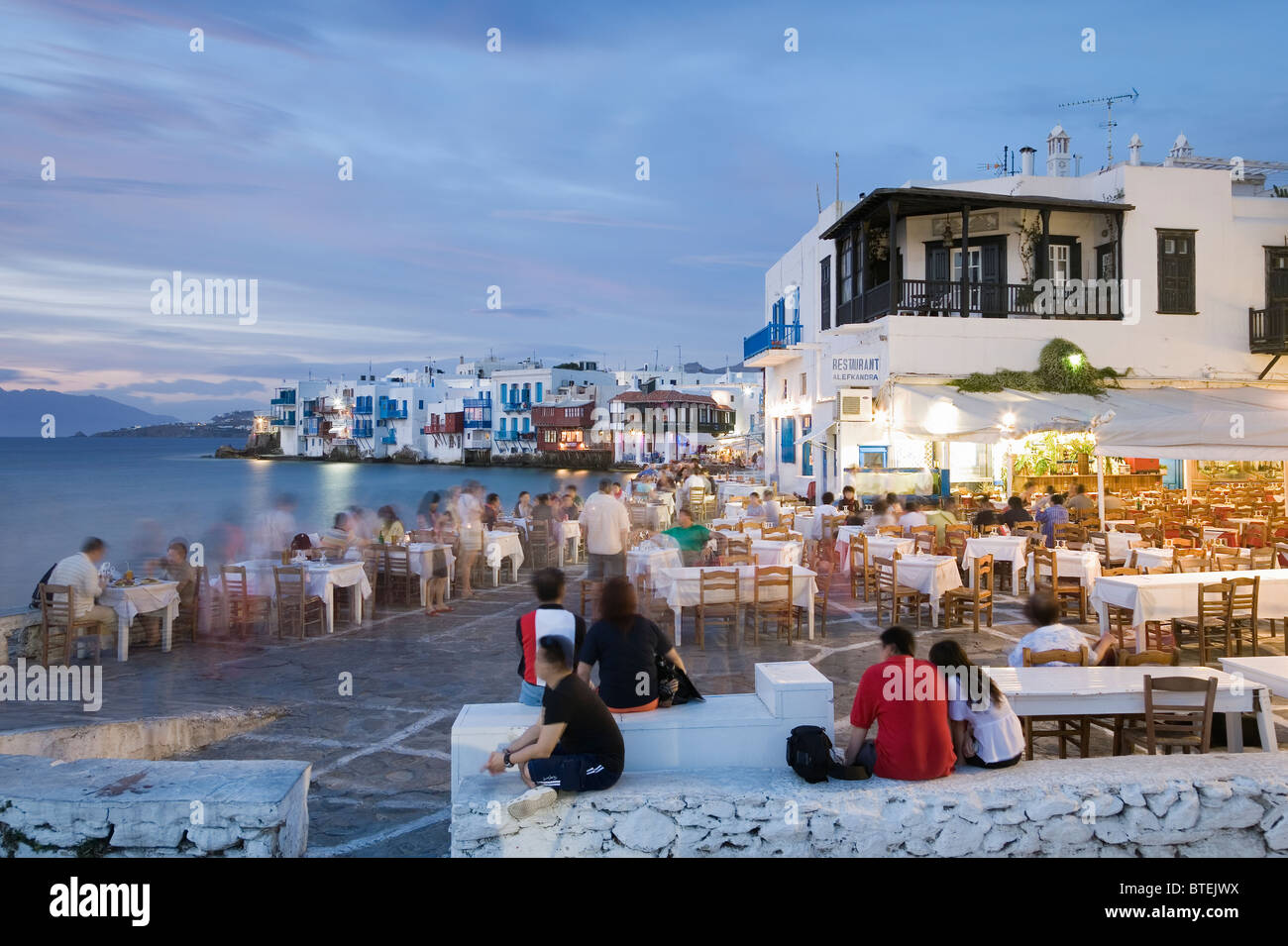 Little Venice at sunset, Mykonos Town, Mykonos island, Greece Stock ...