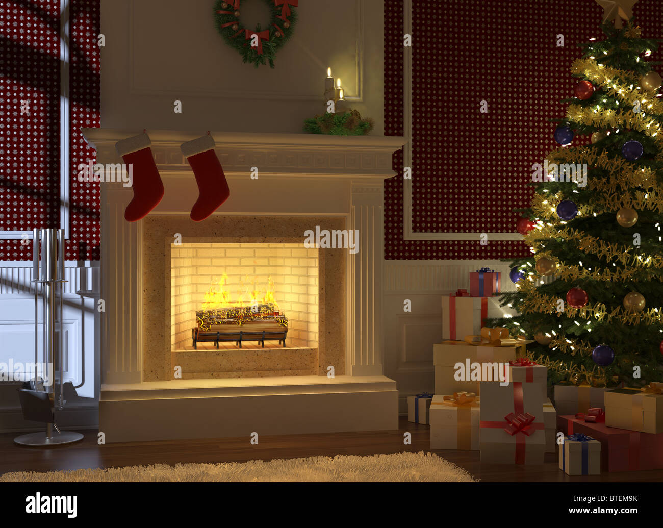 cousy decorated christmas fireplace at night with tree and lots of ...