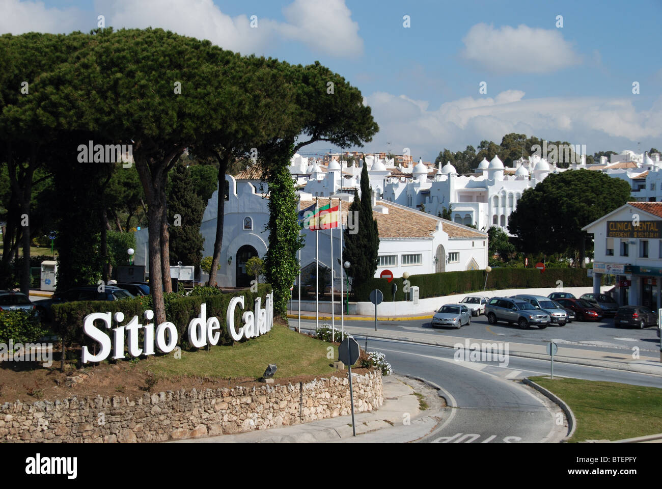 Entrance sign and church, Sitio de Calahonda, Mijas Costa, Costa del ...