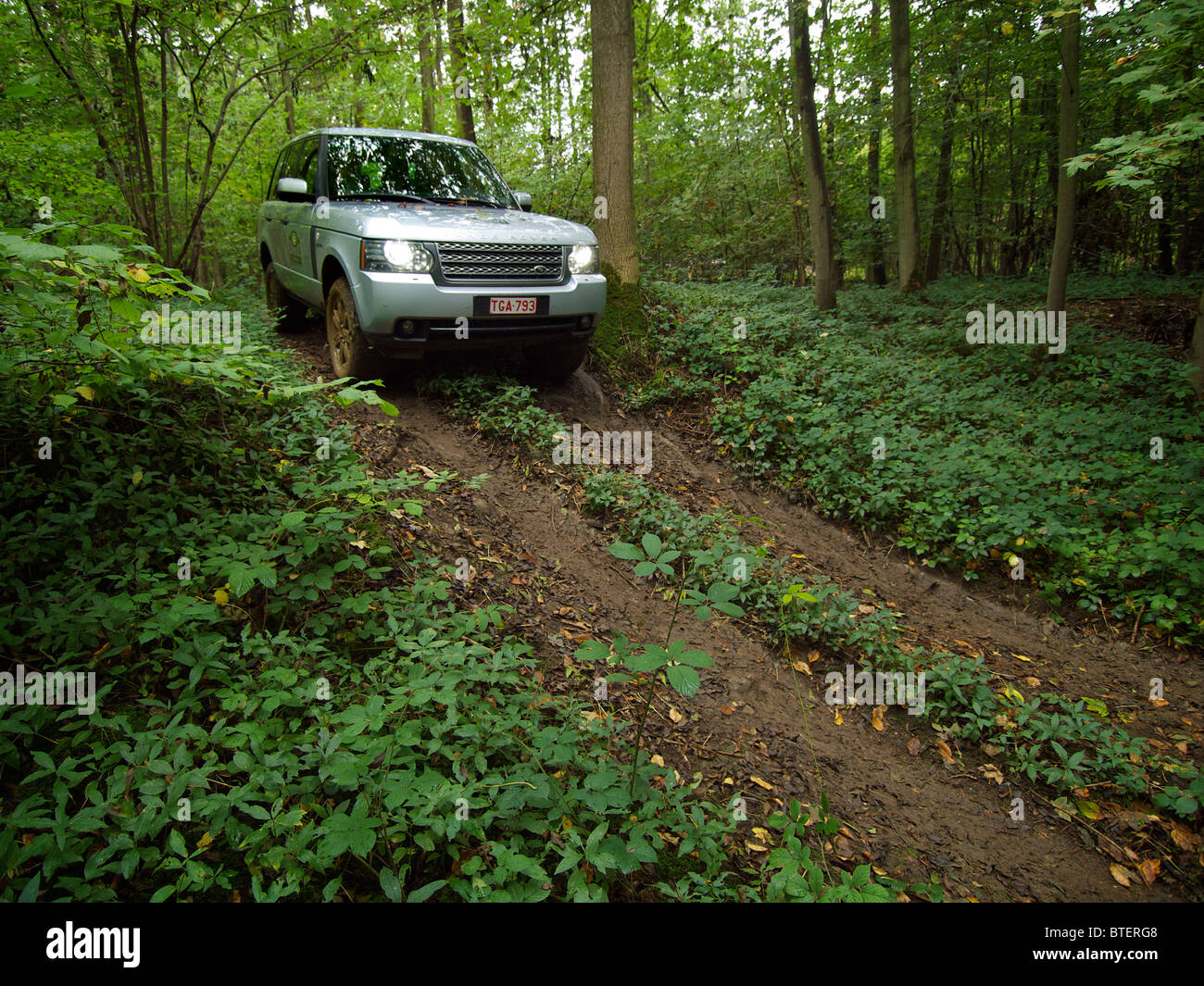 Range Rover vogue driving along a very muddy path in the forest at ...