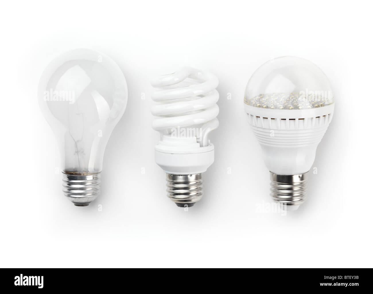 Three generations of light bulbs. Regular incandescent, energy saving ...