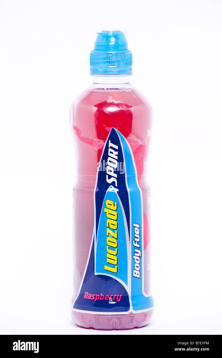 A close up photo of a bottle of Lucozade Sport raspberry flavour energy ...