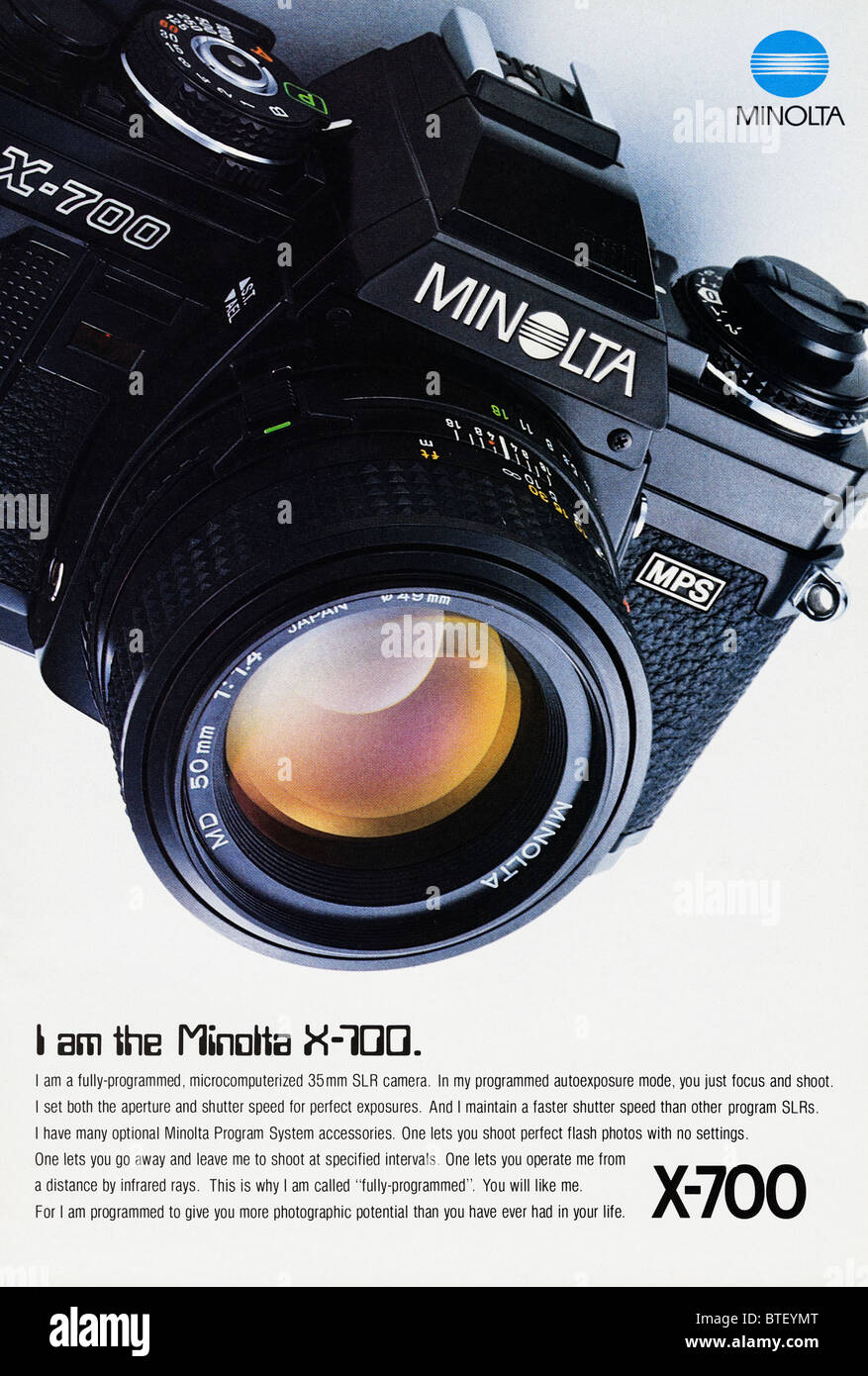 Colour advertisement for Minolta X-700 film camera in American magazine ...