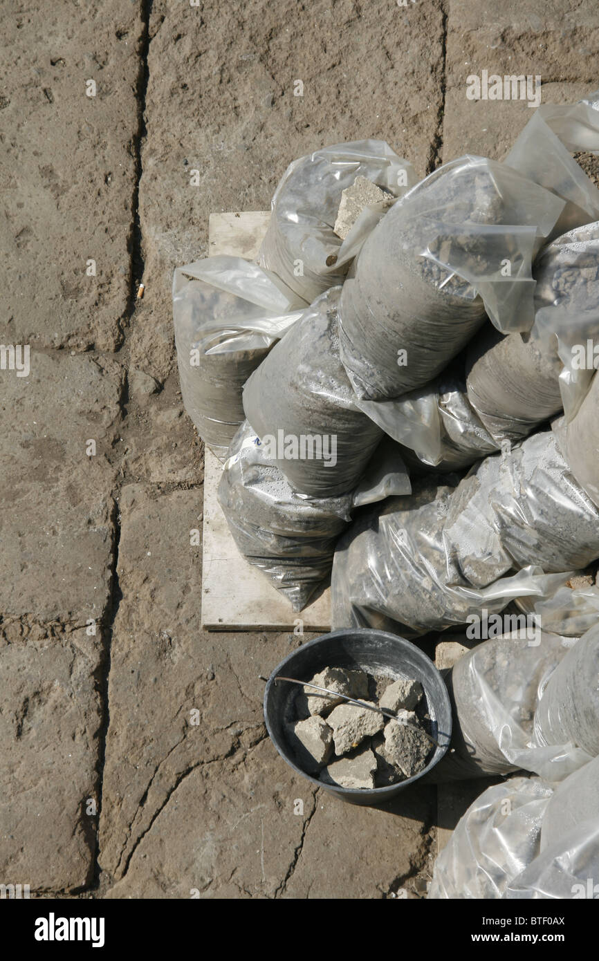 plastic sacks full of rubble from archaeological dig excavation site ...