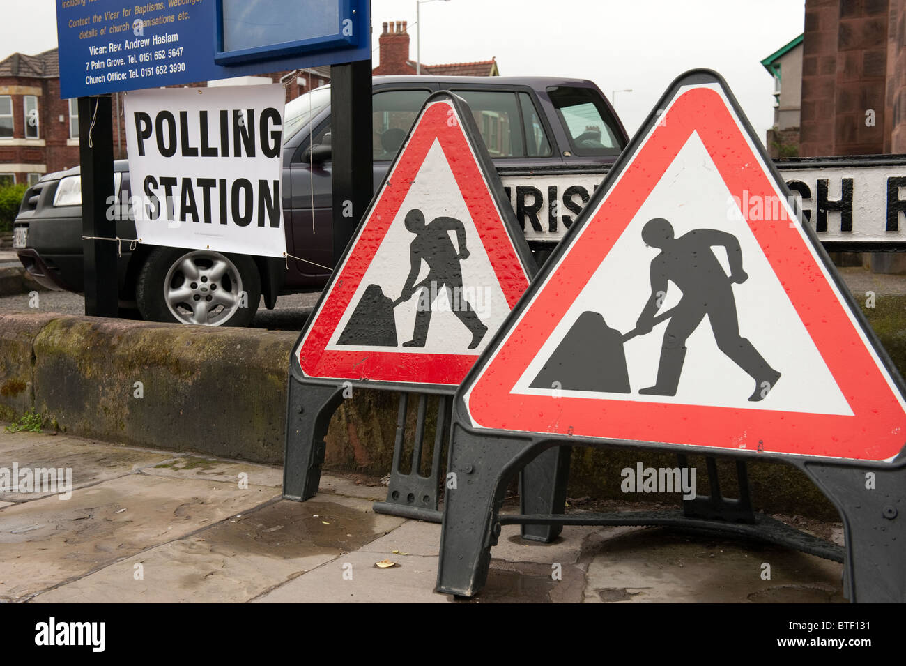 Roadworks and Polling Station Signs Stock Photo - Alamy