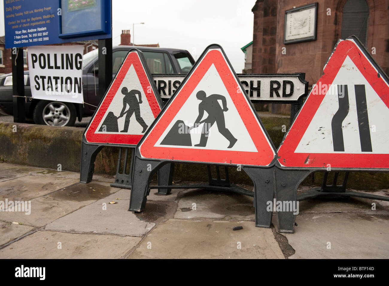 Roadworks and Polling Station Signs Stock Photo - Alamy