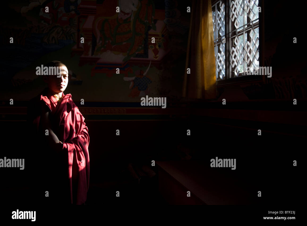 Portrait of a young Tibetan Buddhist scholar at Vajra Vidhya Institute ...