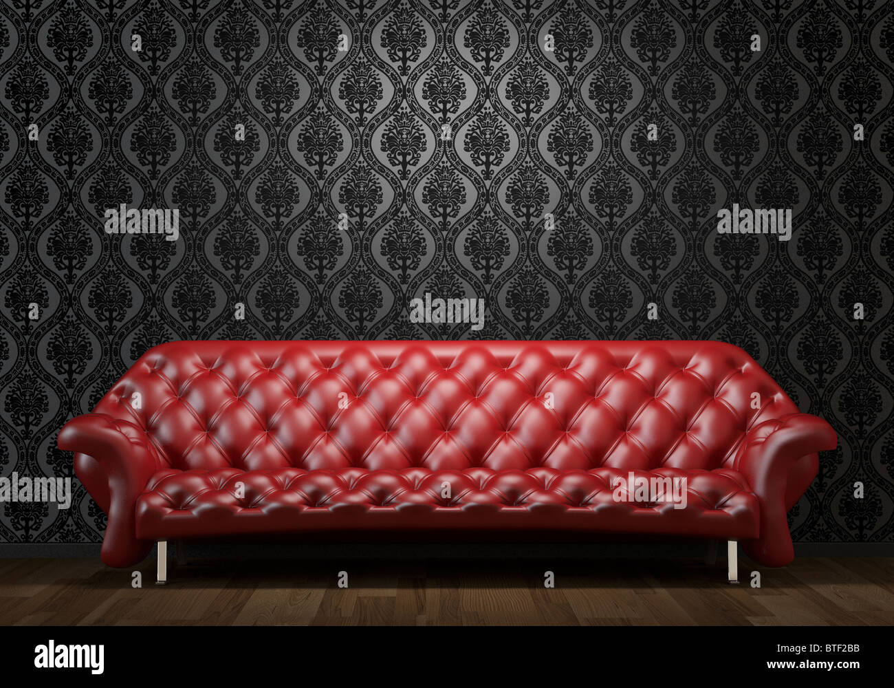 interior design scene of red leather couch on black wall illuminated ...