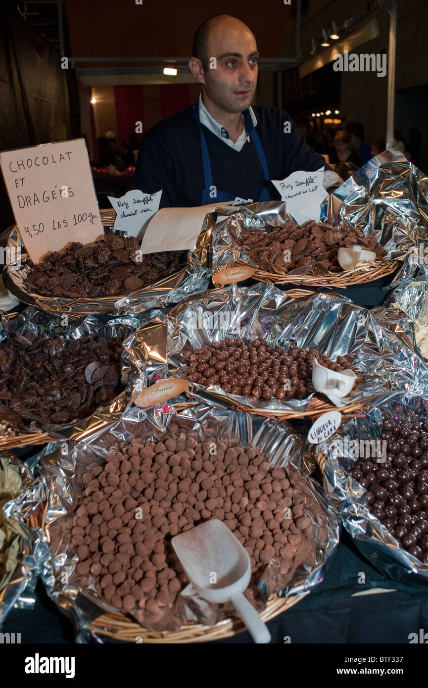 PARIS, FRANCE, Male Clerk at Stall, French Chocolatier, Chocolate ...