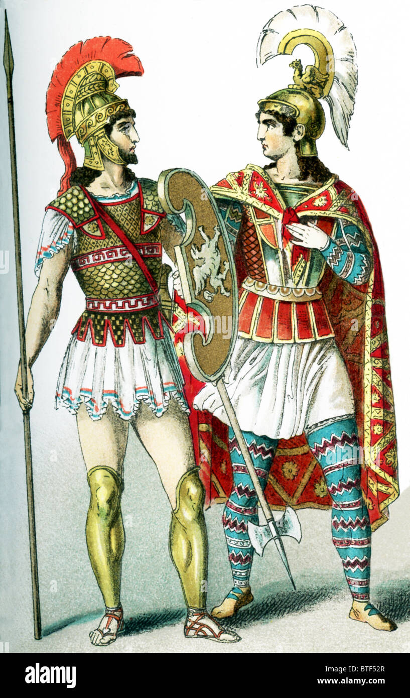 The illustration shows a Roman warrior (left) and a warrior from Asia ...