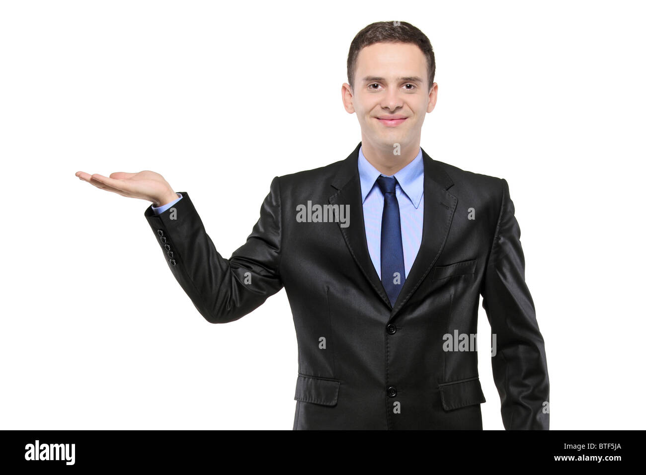 Portrait of a man in a suit with right hand lifted Stock Photo - Alamy