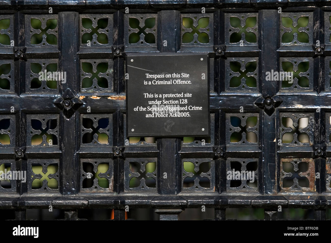 Trespass warning sign on a gate to the Houses of Parliament, London ...