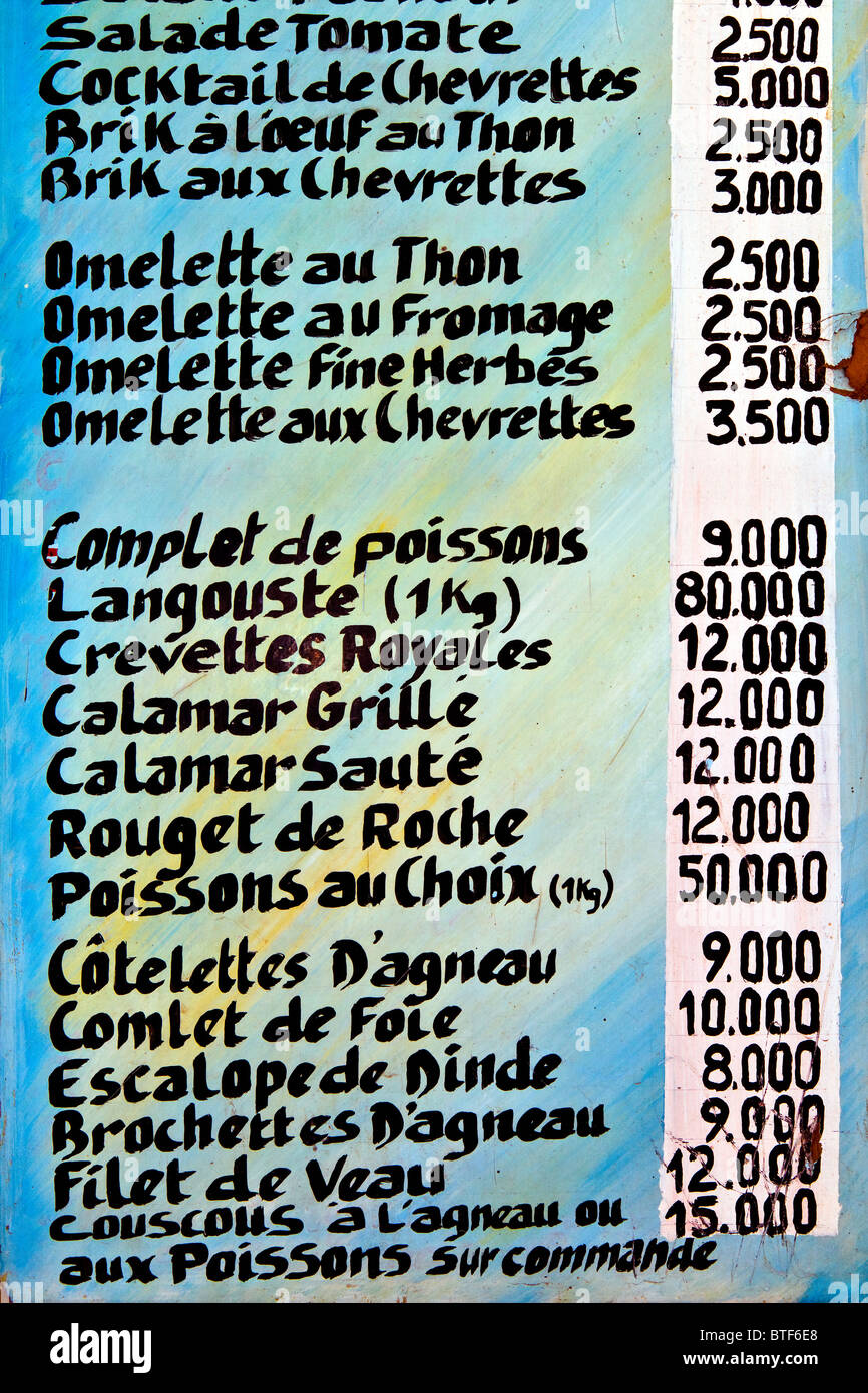 Tunisia, Tabarka, beachfront restaurant, menu Stock Photo - Alamy